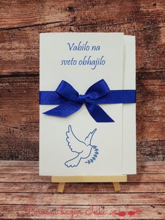 Vabilo za obhajilo s temno modro pentljo in golobčkom REO 120 - Poročni ...